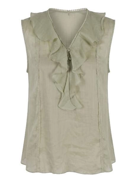 MODENAIRE Sleeveless Ruffle Front Blouse With Lace Inset Trim And V Neckline - Green