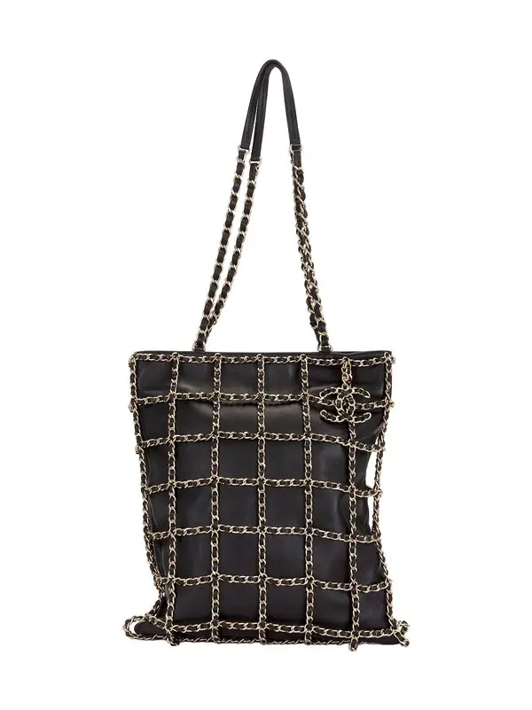 Chanel Lambskin Chain Frame Shopping Tote Bag - Black