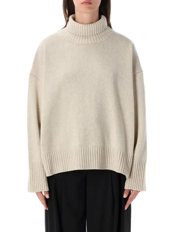 Soeur Merino Wool Turtleneck Jumper With Dropped Shoulders And Ribbed Trims - Ecru