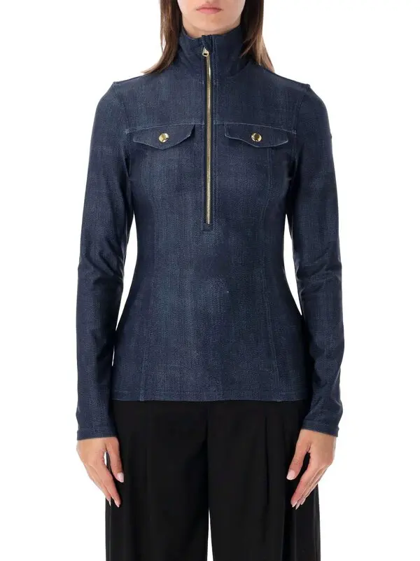 Goldbergh Slim Fit Denim Turtleneck Top With Half-zip And Stud Embellishments - Navy