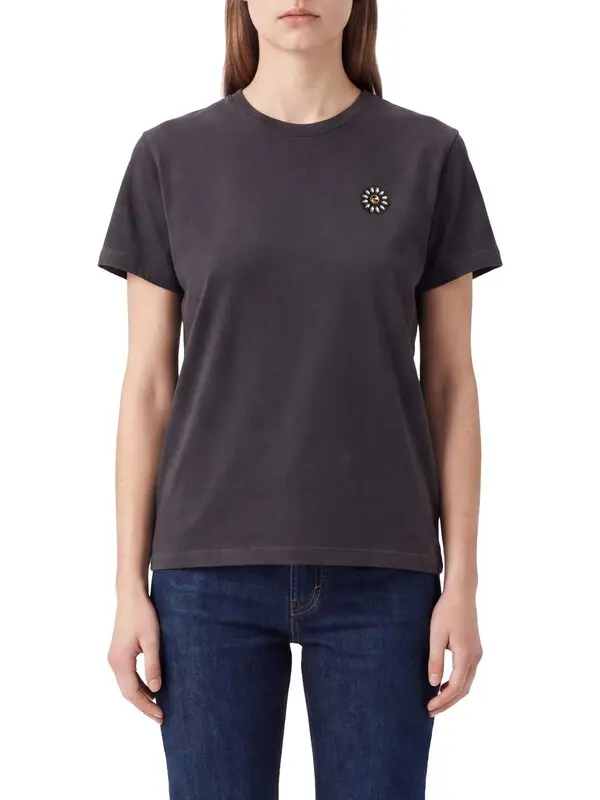 HTC LOS ANGELES Cotton T-shirt With Rhinestone Embroidery - Black