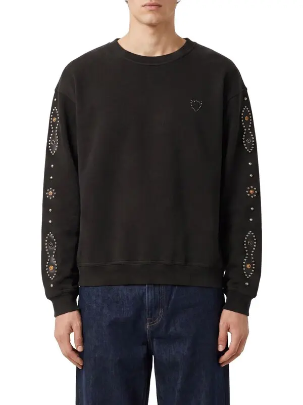 HTC LOS ANGELES Relaxed Fit Studded And Embroidered Cotton Sweatshirt - Black
