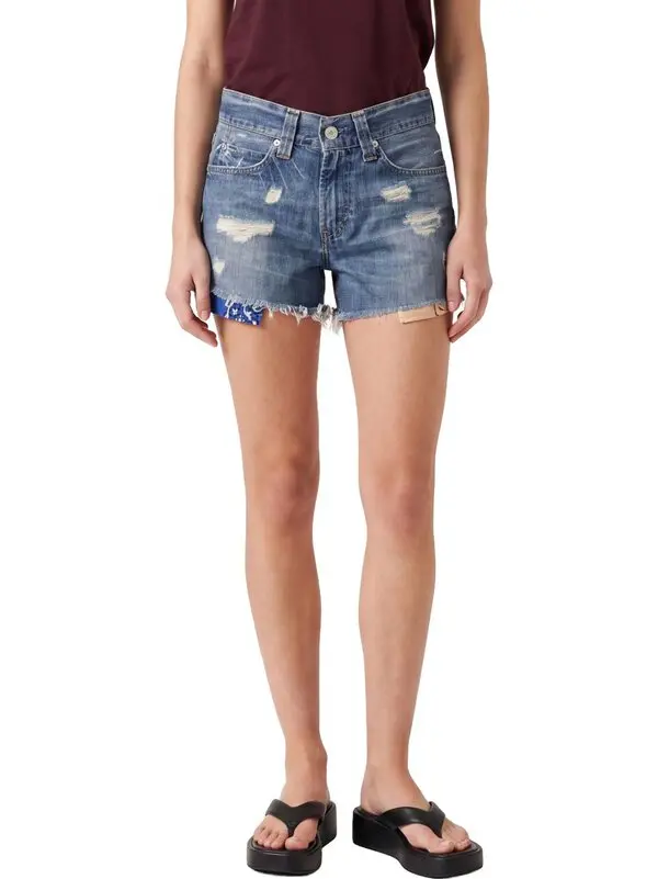 HTC LOS ANGELES Studded Denim Shorts With Bandana Print - Blue