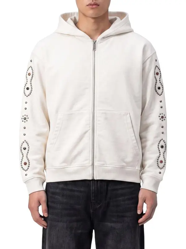 HTC LOS ANGELES Zip-up Cotton Hoodie With Stud Embellishments - White