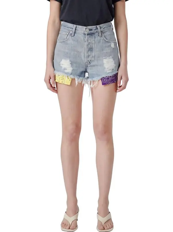 HTC LOS ANGELES High-waisted Shorts With Raw-cut Hem And Bandana Motif - Denim