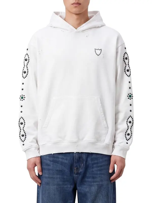 HTC LOS ANGELES Oversized Studded Cotton Hoodie With Embroidery - White