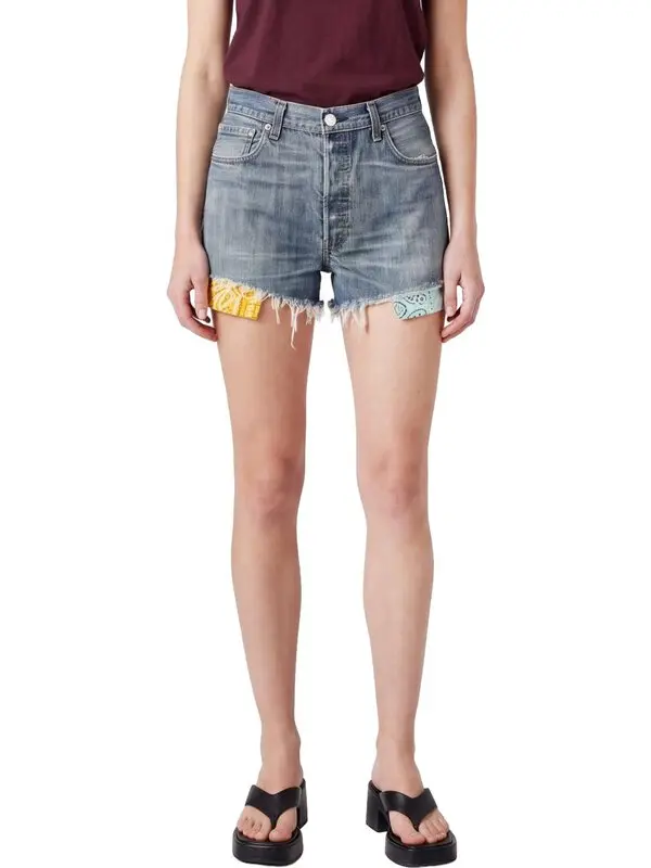 HTC LOS ANGELES High-waisted Shorts With Bandana Embroidery And Frayed Hem - Denim