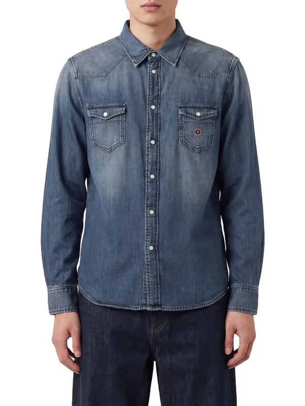 HTC LOS ANGELES Long-sleeved Denim Shirt With Studs And Patch Pockets - Blue