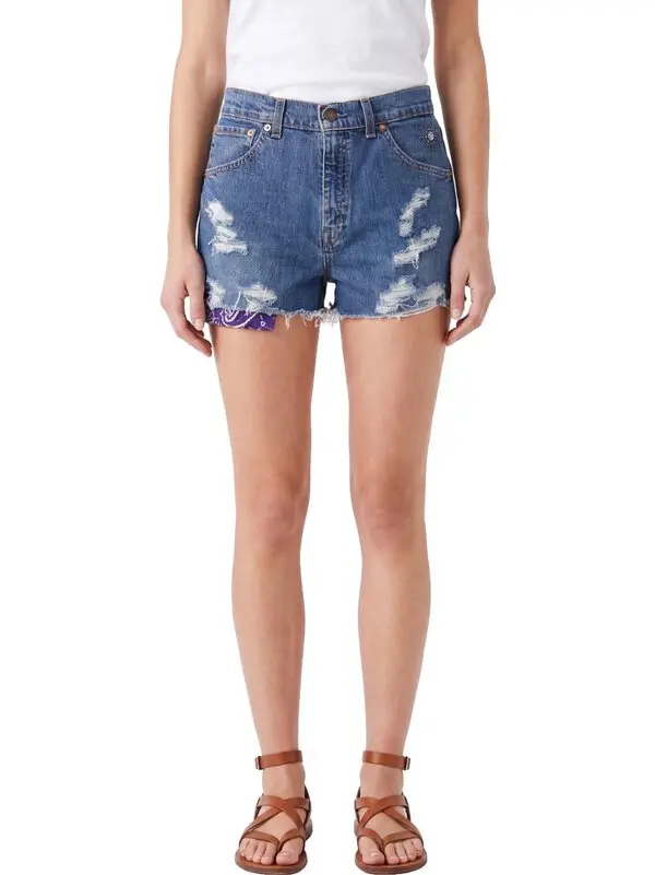 HTC LOS ANGELES High-waisted Distressed Shorts With Raw Hem - Denim