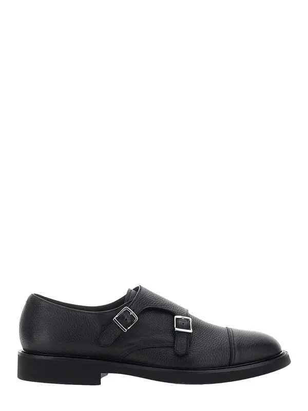 DOUCAL'S Double Buckle Monk Strap Shoes In Grained Calfskin - Black
