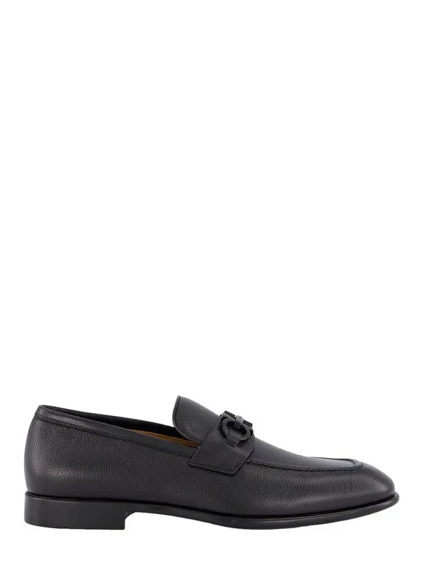 FERRAGAMO Hammered Leather Penny Loafers With Gancini Logo - Black