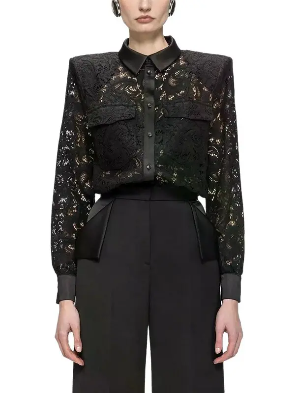 NISSA Satin Collar Lace Top - Black