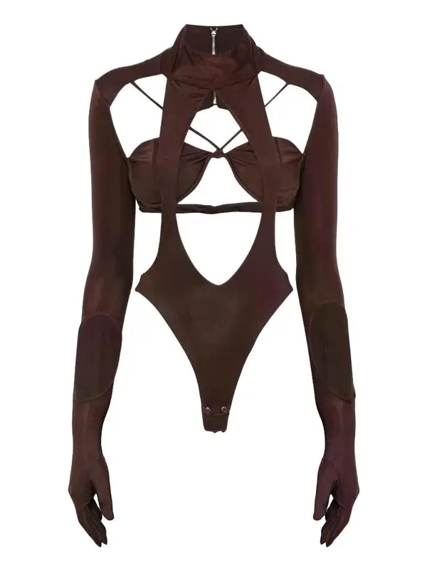 MITILIANE COUTURE Cut-out Gloved Bodysuit - Brown