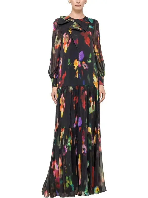 NISSA Printed Silk Maxi Dress - Black