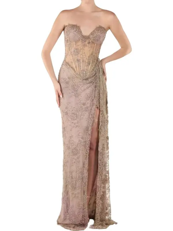 ANDREEA VENECIUC Lace-embroidered Corset-style Gown - Neutrals