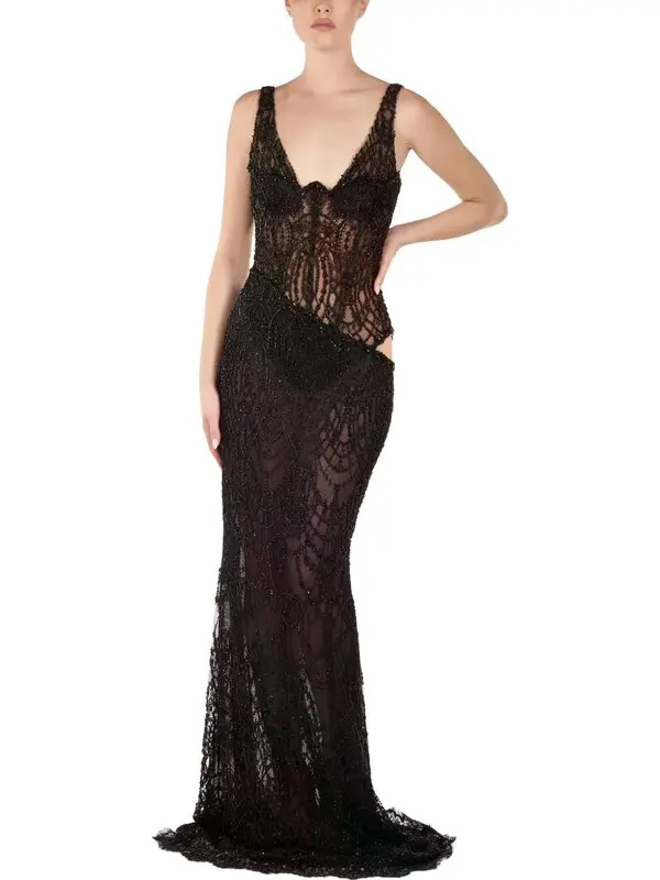 ANDREEA VENECIUC Noire Elise Bead-embellished Lace Maxi Dress - Black