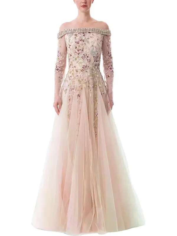 DINA MELWANI Peacock-embroidered Off-shoulder Maxi Dress - Neutrals