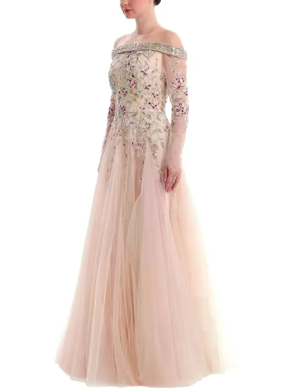 DINA MELWANI Peacock-embroidered Off-shoulder Maxi Dress - Neutrals