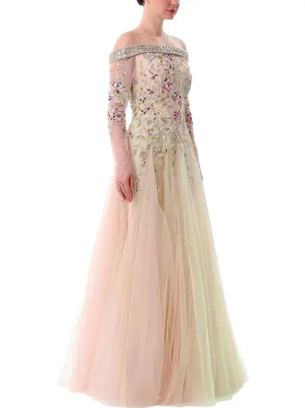 DINA MELWANI Peacock-embroidered Off-shoulder Maxi Dress - Neutrals