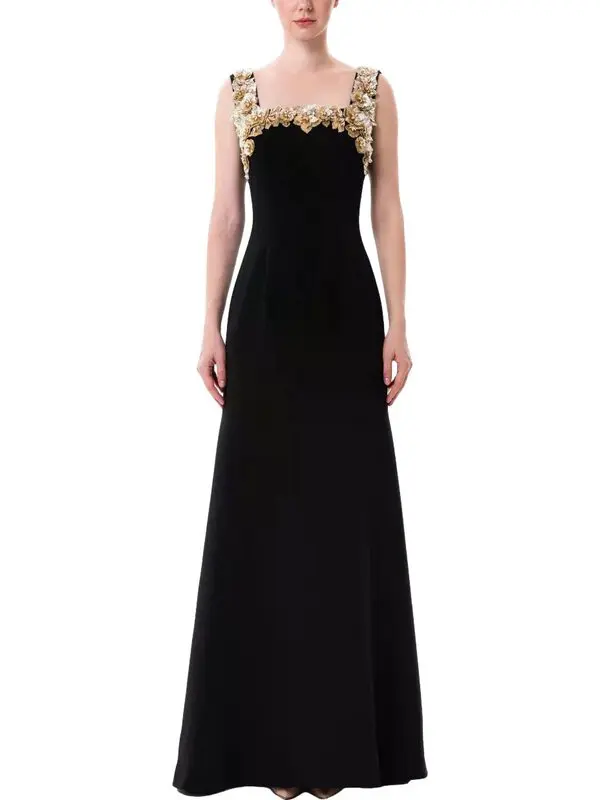DINA MELWANI Floral-appliqué Square-neck Maxi Dress - Black