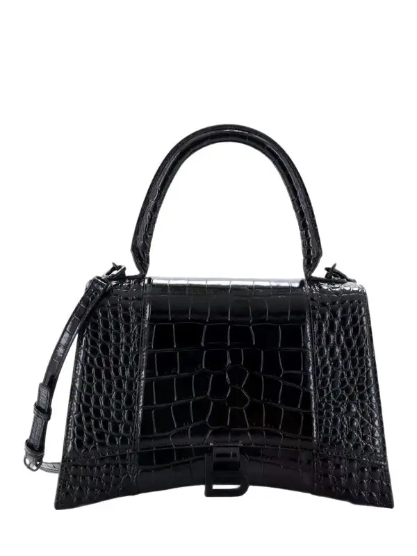 Balenciaga Hourglass Top Handle Bag Crocodile Embossed Leather Medium Crossbody Bag - Black