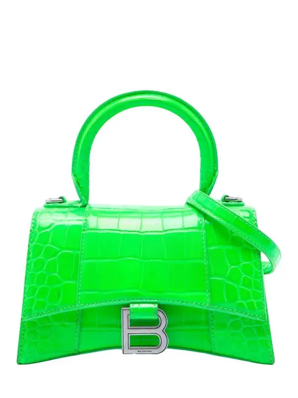 Balenciaga 2021 Croc Embossed Calfskin Hourglass Top Handle Bag Xs Satchel - Green