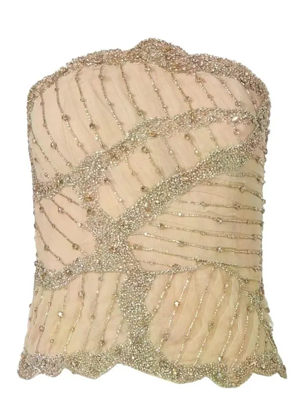 Costarellos Fiori Crystal-embellished Silk Georgette Bustier Top - Neutrals