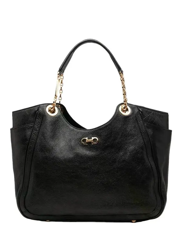 FERRAGAMO 2010-2026 Buffalo Leather Fanya Chain Tote Bag - Black