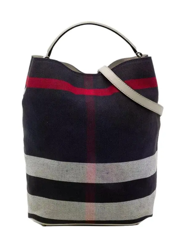 Burberry 2000-2017 Medium Mega Check Canvas Ashby Bucket Bag Satchel - Blue