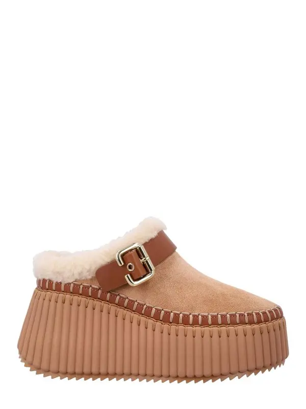 Chloé Nama Suede & Shearling Wedge Flat With Paddington Buckle - Pottery Brown