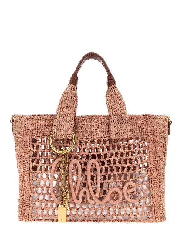 Chloé Style Antiqued Raffia Banana Shopping Handbag With Crossbody Strap - Pink