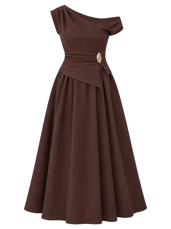 GIRL IN MIND Simran Asymmetric Gold Buckle Midi Dress - Brown