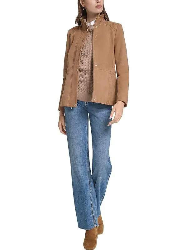 Cole Haan Stand Collar Suede Jacket - Sand