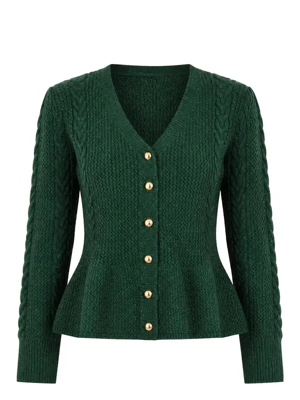 YUMI Cable Knit Peplum Cardigan - Green
