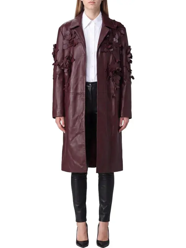 Alberta Ferretti Single-breasted Knee-length Leather Coat With Flower - Brown