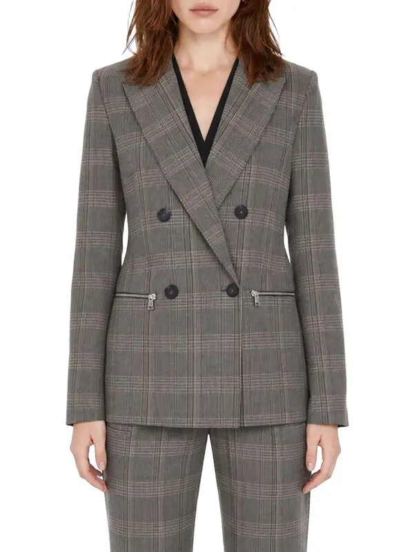 Patrizia Pepe Prince Of Wales Check Double-breasted Slim Fit Blazer With Zip Pockets - Brown