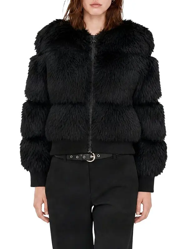 Patrizia Pepe Faux Fur Bomber Jacket With High Collar And Zip Closure - Black
