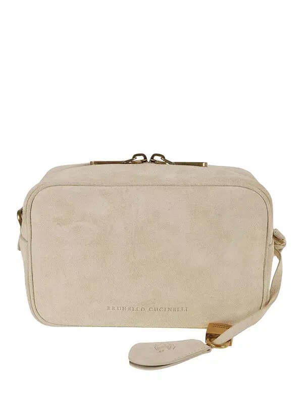 Brunello Cucinelli Suede Calfskin Crossbody Bag With Embossed Logo - White