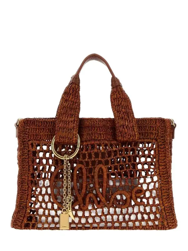 Chloé Summer Banana Handbag In Raffia With Embroidered Logo And Shoulder Strap - Beige