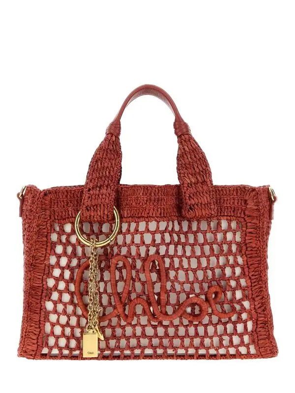 Chloé Summer Banana Handbag In Raffia With Embroide Logo And Shoulder Strap - Red