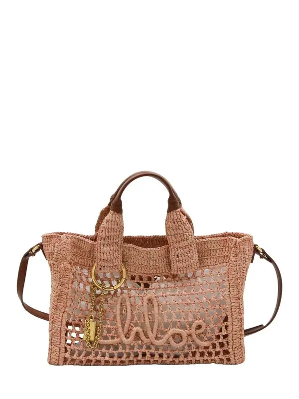 Chloé Summer Banana Handbag In Raffia With Embroidered Logo And Shoulder Strap - Sand