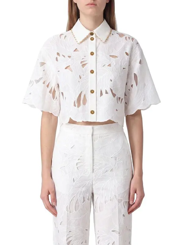 Zimmermann Mahon Short-sleeved Shirt In Cotton With Openwork Detailing - Ivory