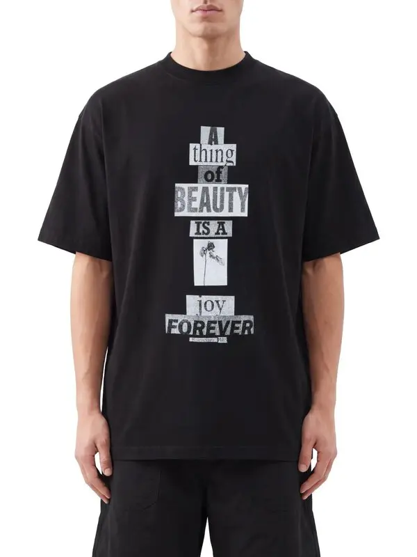 Balenciaga Slogan Print Cotton T-shirt With Dropped Shoulders - Black
