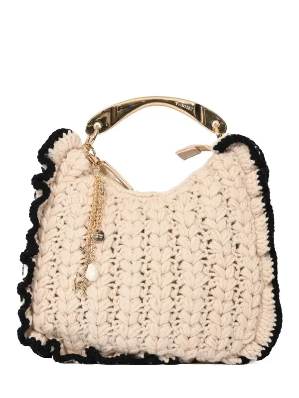 TWINSET Croissant Crochet Handbag With Metallic Handle And Charm - Beige