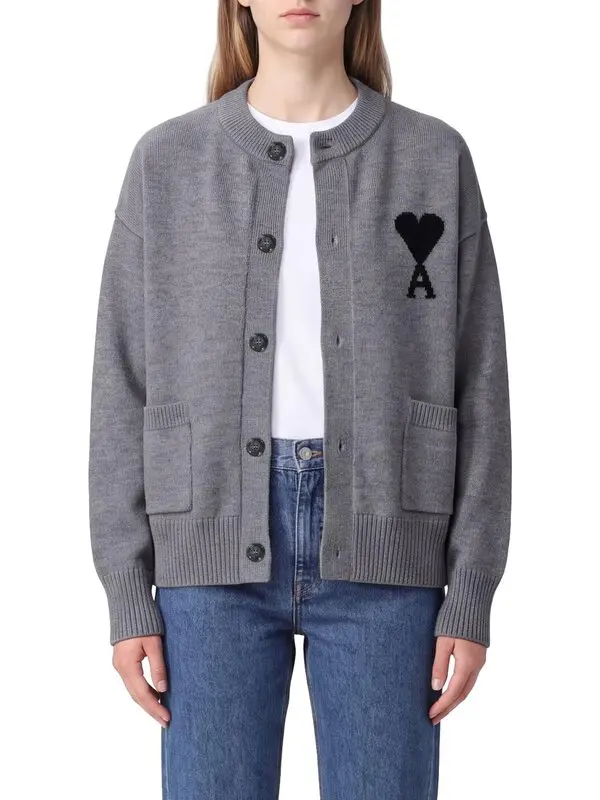AMI Paris Wool Crewneck Cardigan With Contrasting Embroide Logo - Grey