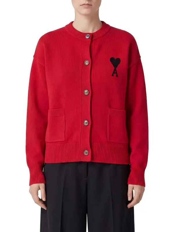 AMI Paris Wool Crewneck Cardigan With Contrasting Embroide Logo - Red