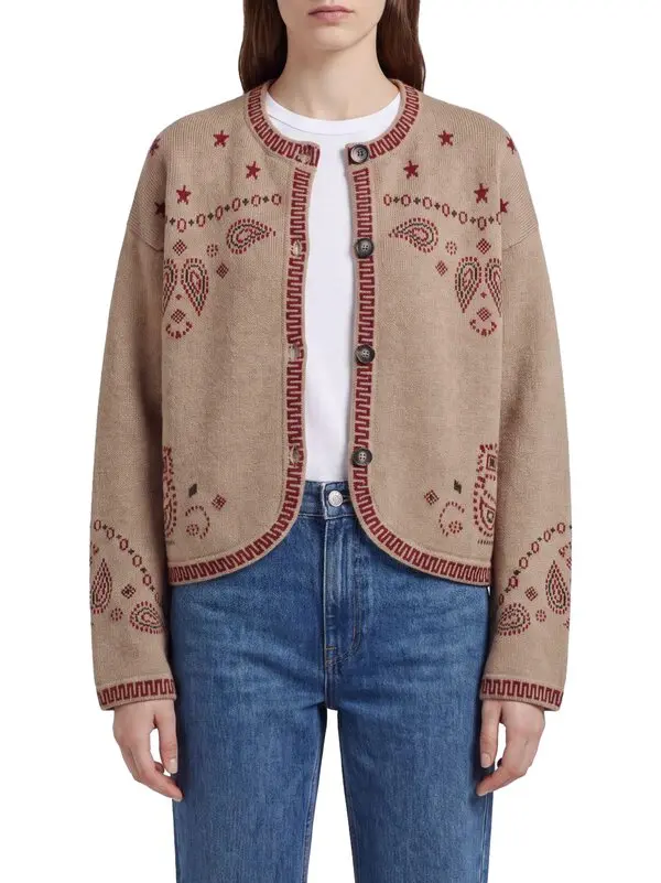 Alanui Single-breasted Short Coat In Cashmere And Wool Blend With Bandana Motif - Beige