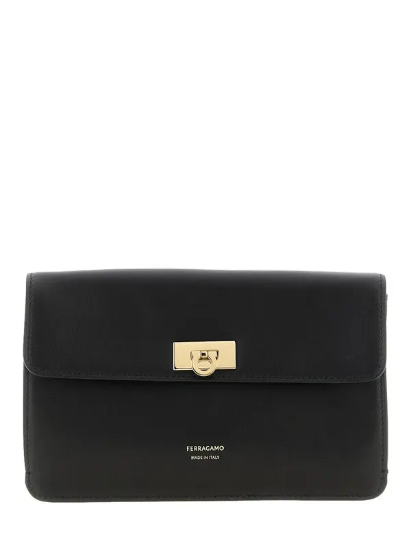 FERRAGAMO Mini Calfskin Leather Crossbody Bag With Gancini Logo - Black