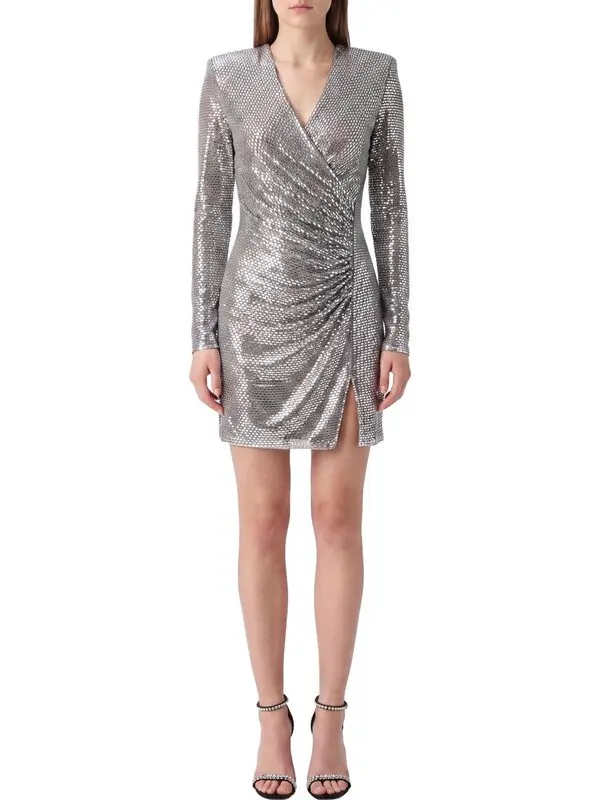 SELF-PORTRAIT Draped Rhinestone-embellished Polyester Mini Evening Dress - Grey