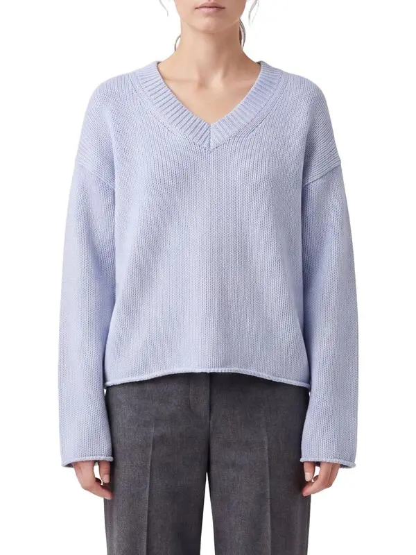 Loulou De Saison Derry 100% Cashmere V-neck Jumper With Dropped Shoulders - Gnawed Blue